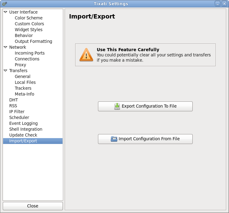 Settings - Import Export - Tixati